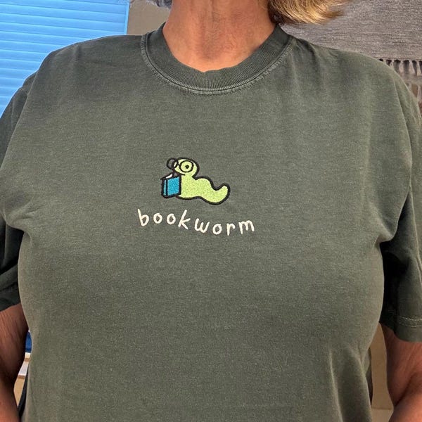 Bookworm Embroidered Tee – Cute Comfort Colors Shirt for Book Lovers ...