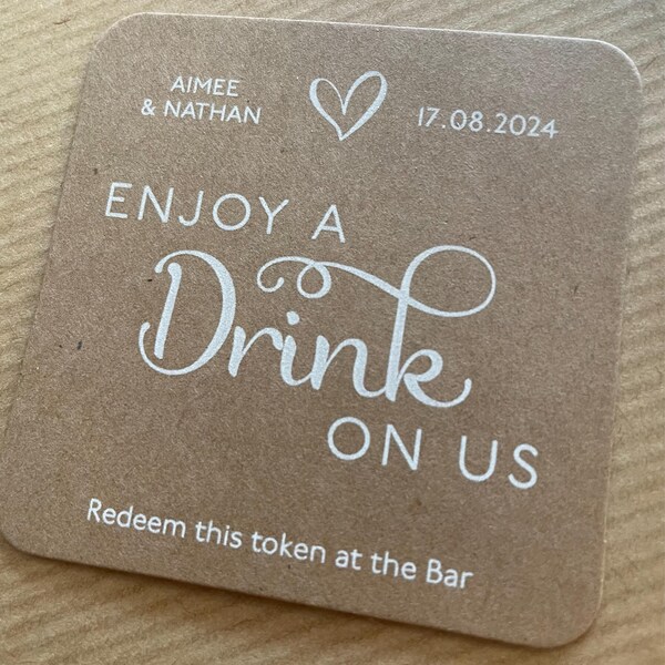 Personalised Drink Token for Wedding Guests, Round Recycled Bar Ticket ...