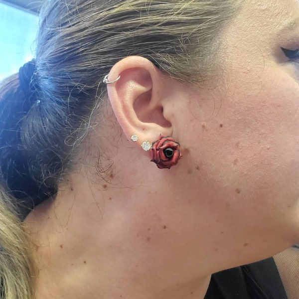 Gothic Black Tipped Red Rose Stud Earrings: Polymer Clay Jewelry - Etsy