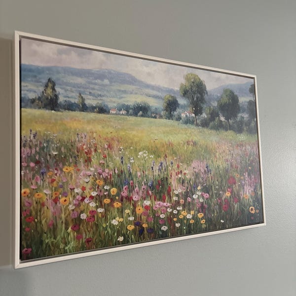 Wildflower Field Framed Canvas Oil Painting Landscape Wall Art, Nature ...
