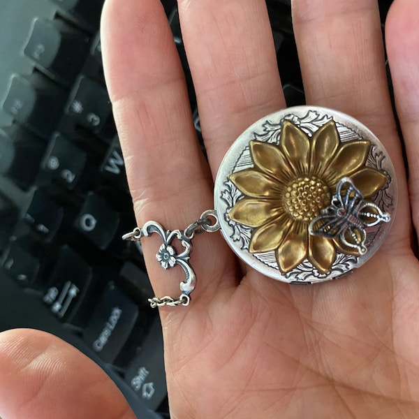 Sunflower Necklace, Sunflower Locket Necklace, Silver Sunflower Locket ...