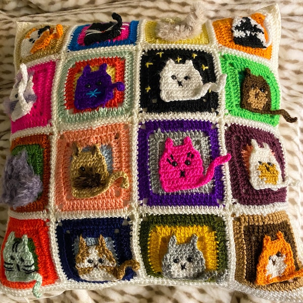 Cat Crochet Blanket, Granny Blanket, Afghan Granny Square Crochet ...
