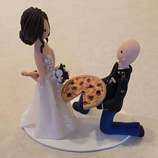 Bride & Kneeling Groom With a Pizza Custom Made Wedding Cake Topper ...