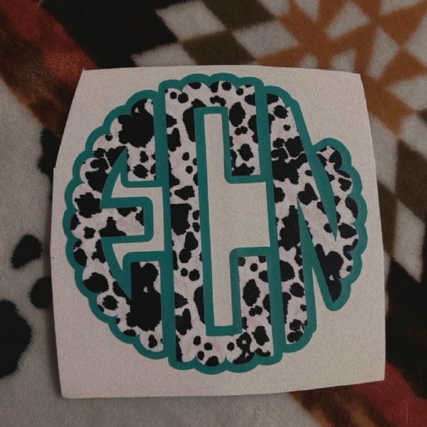 Cow Print Offset Vinyl Initials Double Layer Monogram Decal Laptop/car ...