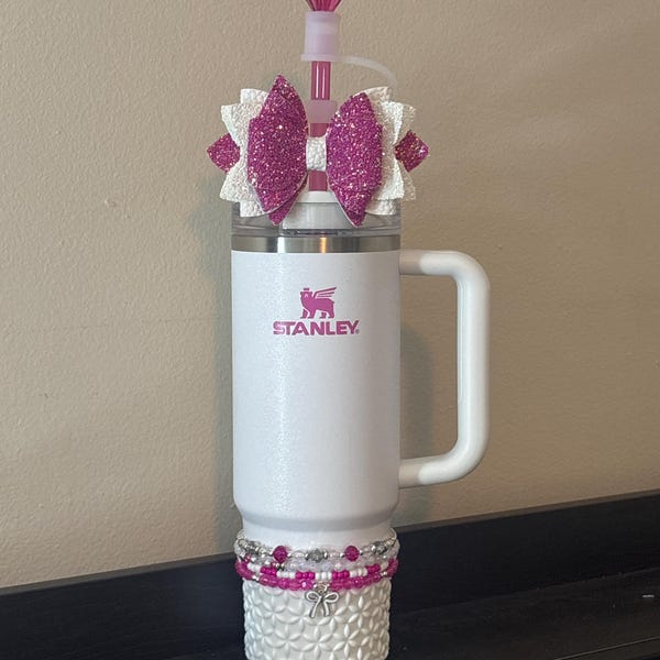Crystal Crush Stanley Straw Bow - Pink and White - Etsy