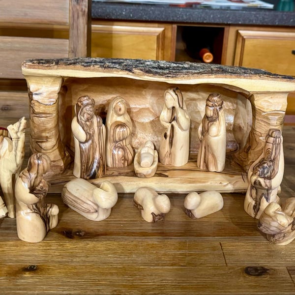 Olive Wood Nativity Set Olive Wood Nativity Set in a Cave Hand Carved ...
