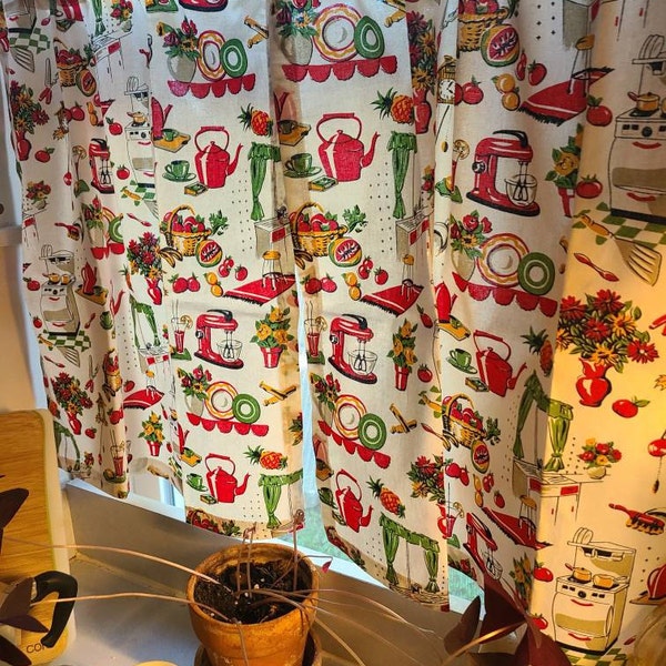 Retro Kitchen Cafe Curtains: Mid-century Red Print, Lightweight Cotton ...
