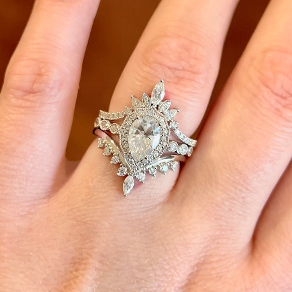 Pear Shaped Moissanite Engagement Ring Set Rose Gold Milgrain Cluster