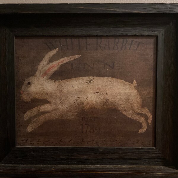 Handmade Primitive Folk Art Easter Spring White Rabbit Inn Bunny Print ...