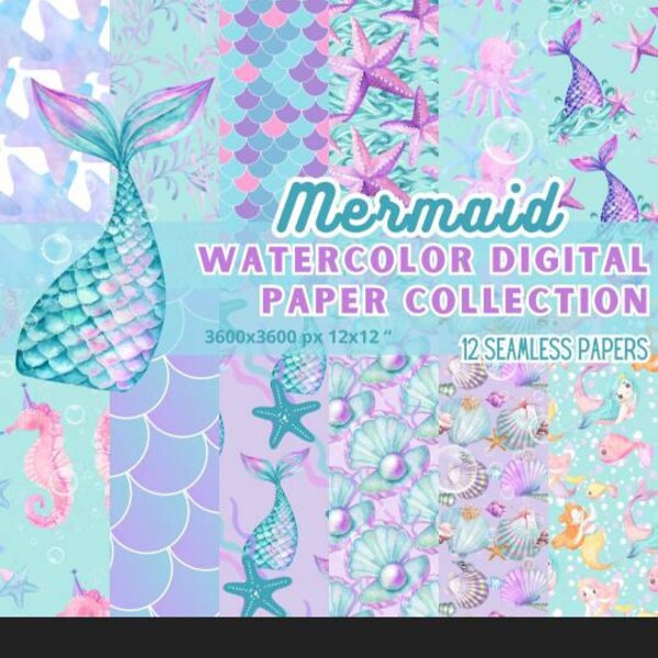 Mermaid Digital Paper Watercolor Collection Blue Turquoise Kit ...