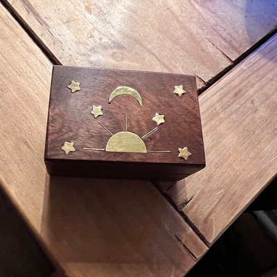 Celestial Brass Inlay Wooden Jewelry Box 4x6, Brass Inlay With Moon and ...