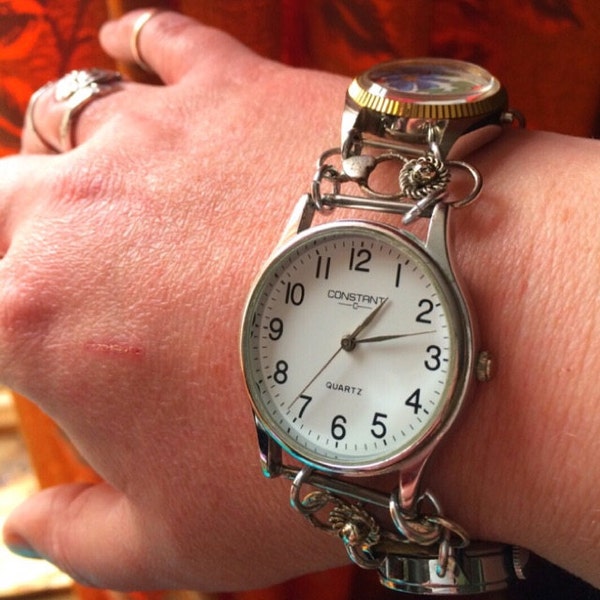 Watch Choker Necklace of Watches Key Compass, Assemblage Eclectic Jewelry, Heavy Metal Hippie ...