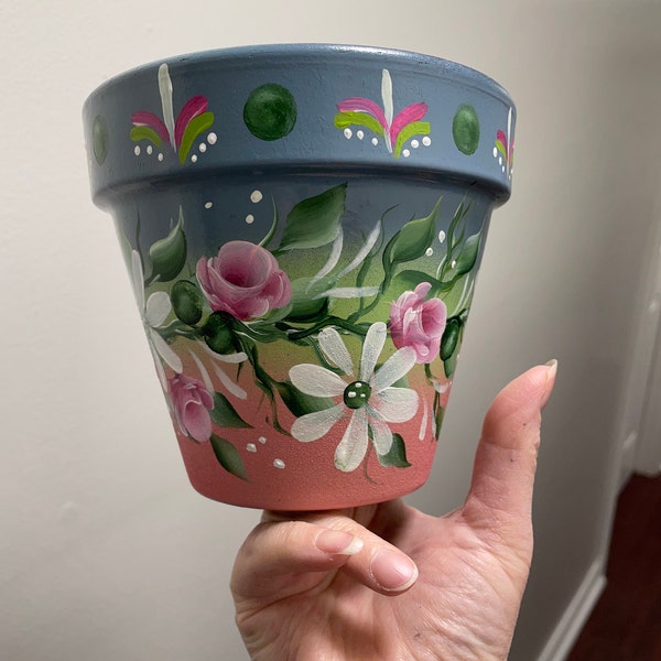 Terracotta Clay 6 Inch Pot, Pink Roses,handpainted, Homemade, Unique ...