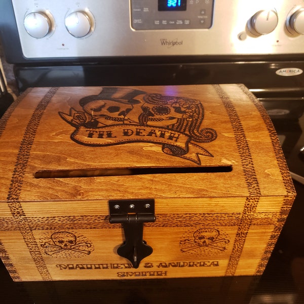 Personalised Wedding Card Box, Rockabilly Wooden Chest Forever Skulls ...