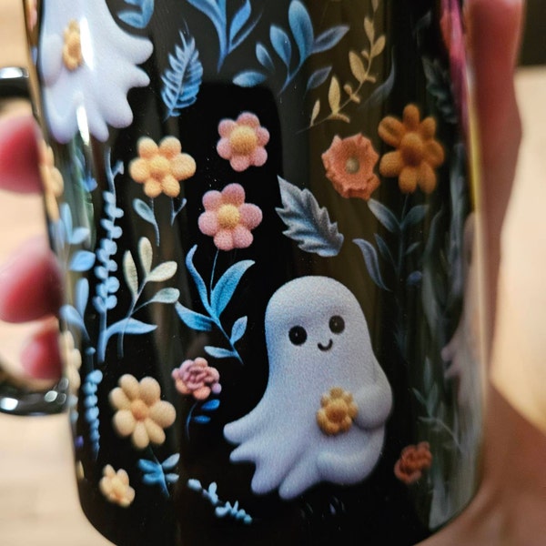 Vintage Floral Ghost Design Coffee Mug, Cute Spooky Ghosts in Autumn ...