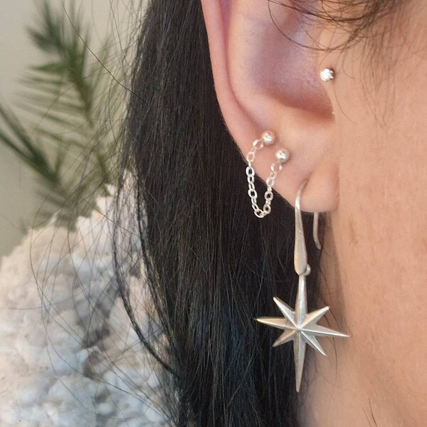 Double Piercing Earring - Two Stud Chain Earring - Sterling Silver ...