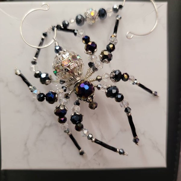 Silver Filigree Beaded Christmas Spider Faceted Black AB Clearglass ...