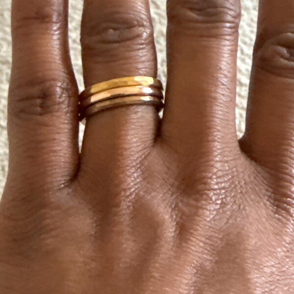 Hammered Yellow Gold Tungsten Rings Set 2mm & 8mm Unisex Wedding Bands ...