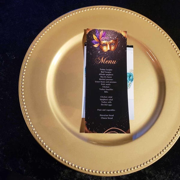 Black and Gold Masquerade Menu Template, Masquerade Prom Menu, Mardi ...