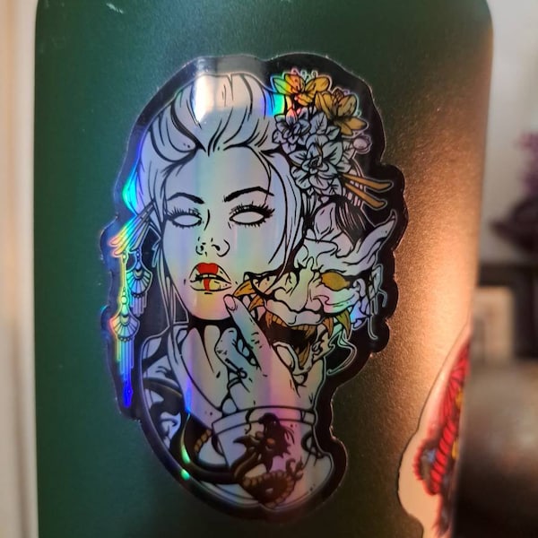 Geisha & Oni Mask Holographic Sticker - Weather-resistant Vinyl Decal ...