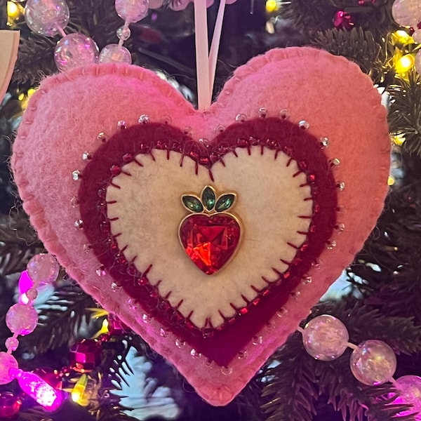 Wool Felt Heart Ornament, Embroidered Valentine Heart, Flowered Felt ...