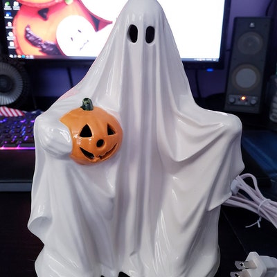 Ceramic White Ghost With Pumpkin Lights up Halloween Decor New Handmade ...