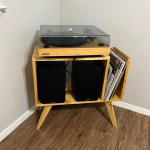 Mid Century Modern Vinyl Record Storage Turntable Stand Solid Wood ...