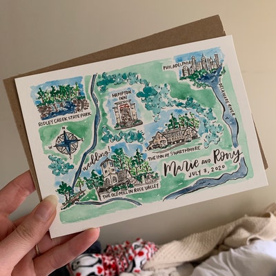 5x7 Custom Hand Painted Watercolor Illustrated Map for a Wedding ...