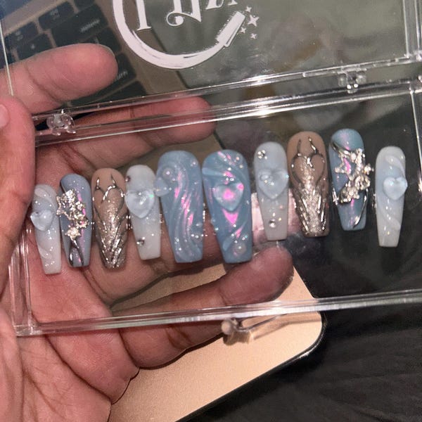 Fairy Tale Flower Long Almond Press on Nails, 3D Fairycore Nails ...