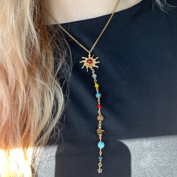 Solar System Necklace, Y Necklace ,wire Wrapped Crystal Necklace, Gold ...