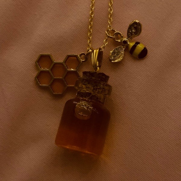 Honey Jar Pendant Necklace Gold Bee and Honeycomb 100% Pure Honey Charm ...