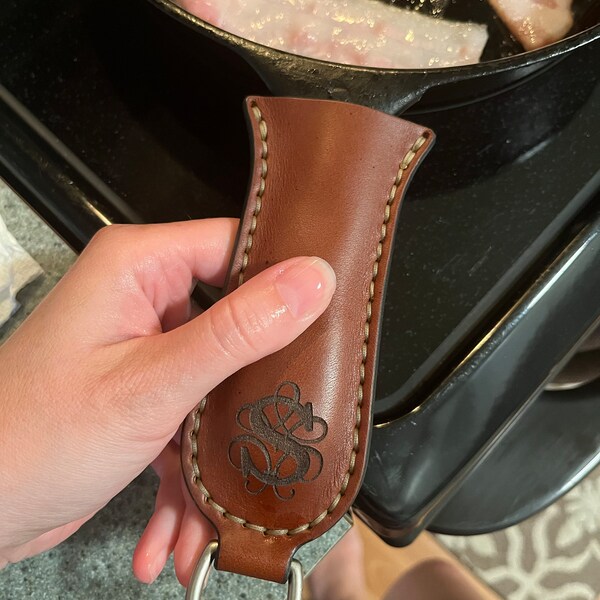 Hand Made/stitched Personalized Leather Handle Cover for Cast Iron Pans ...