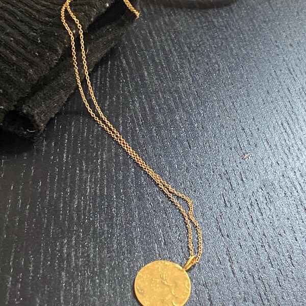18k Solid Gold Necklace • 1,5 Cm Hammered Necklace Round Disc • Coin ...