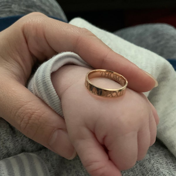 14k 18k Solid Gold Handwriting Ring, Engrave Name Coordinate Gold 3 Mm ...