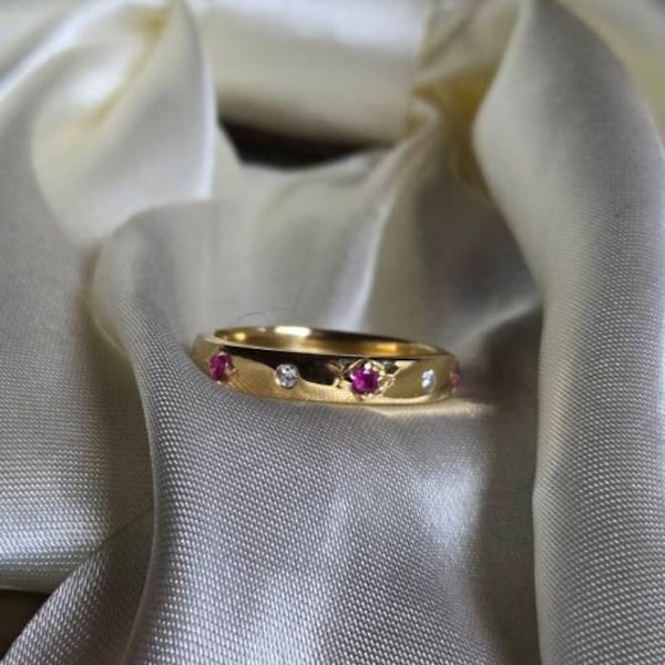 14k Solid Gold Ruby Wedding Band Thick Band Ring for Women Pave Ruby ...