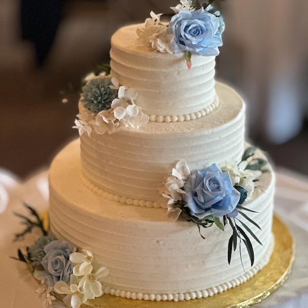 FLOWER WEDDING CAKE Topper, Dusty Blue & Shades of Blue, Elegant Floral ...