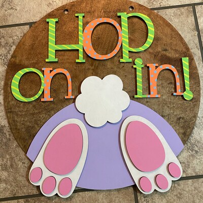 Hop on in Easter Spring Welcome Wood Blank DIY Round Door Hanger Sign ...