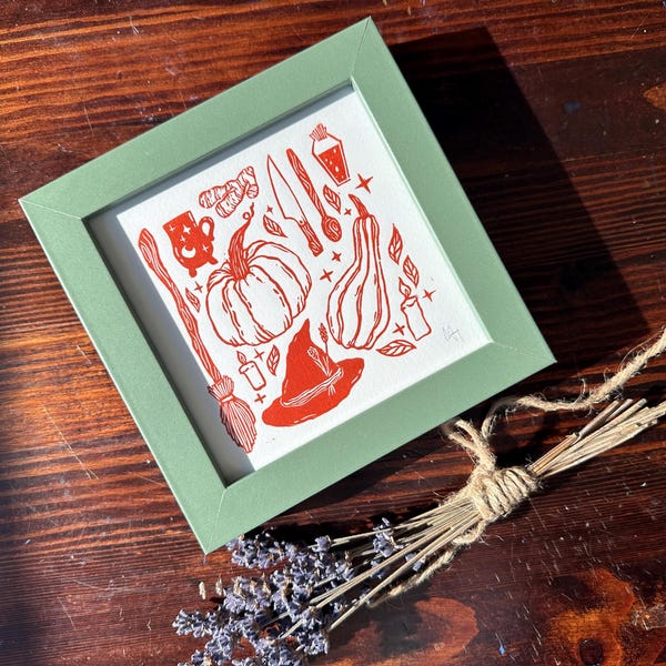 Vampire Witch, Witch Art Print, Red Witch Print, Horror Lino Print Art ...