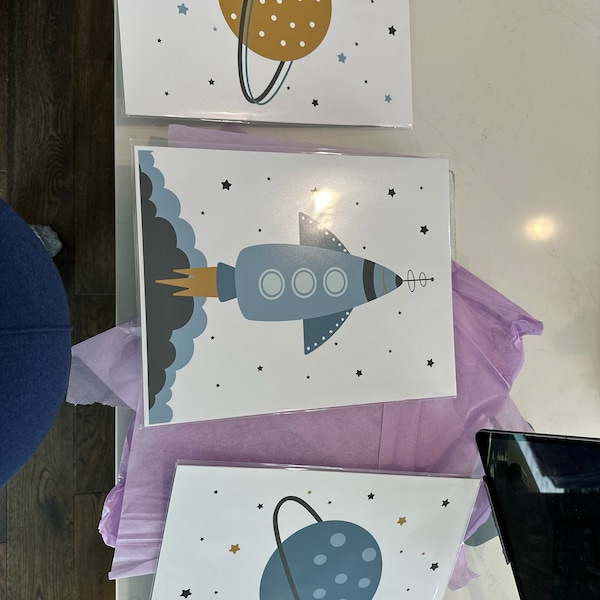 Outer Space Boy's Room Decor, Space Rockets Planets Stars, Yellow Blue ...