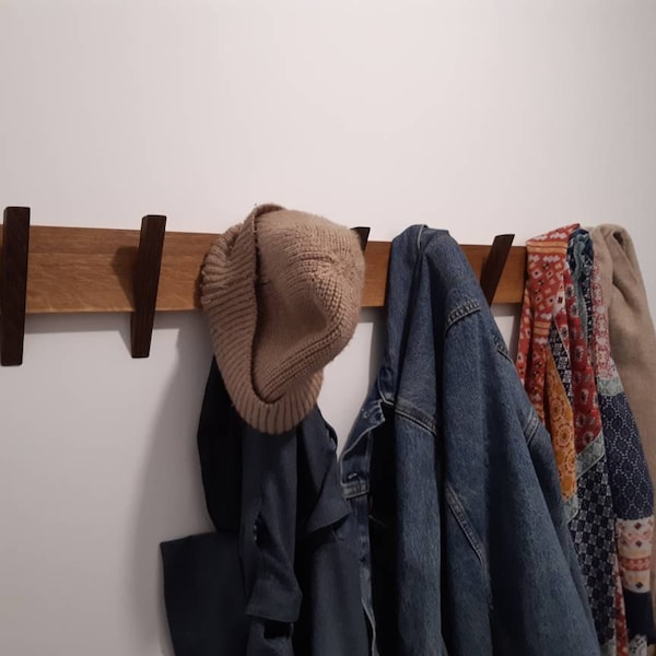 Piano Oak With Oak Hook 2-tiers Coat Rack, Modern Wood Wall Hanger ...