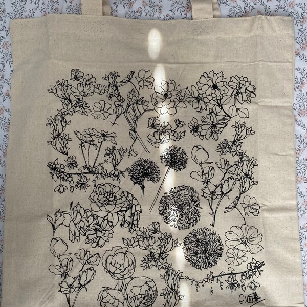 Flowers Cotton Tote Bag | Hand Drawn Design | Natural Cotton Tote Bags ...