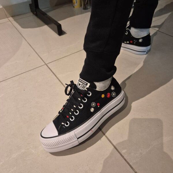 Hand Embroidered Florals and Foliage - Platform Converse High Tops - Etsy