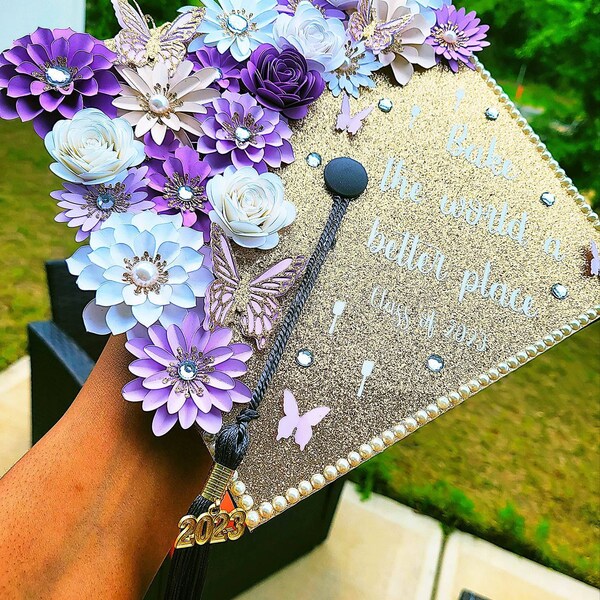 Purple/gold Graduation Cap Topper Paper Flowers Paper Butterflies ...