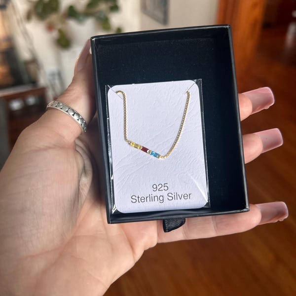 14K Solid Gold Family Birthstone Necklace, Baguette Gemstone Necklace ...