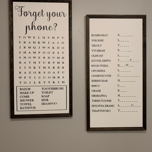 Forget Your Phone Sign, Set of 2, Wordsearch Sign, Funny Bathroom Sign ...
