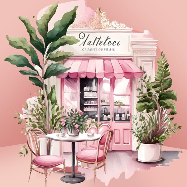 Pink Coffee Shop Clipart, Paris Cafe Clip Art, Png. Digital Watercolor ...