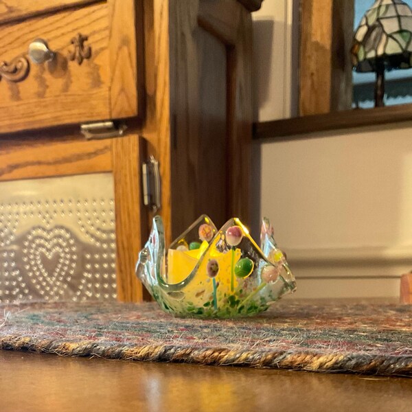 Handmade Fused Stained Glass Tea Light Candle Holder. Flower Pot Design ...