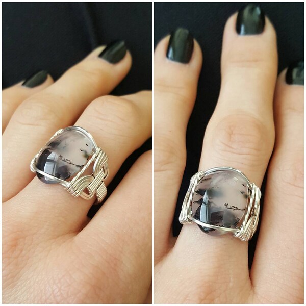 Sterling Silver Merlinite or Dendritic Agate Wire Wrapped Ring - Etsy