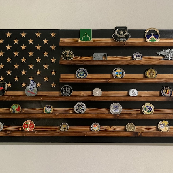 Subdued Wooden American Flag Challenge Coin Display, Holds 90-100 Coins ...