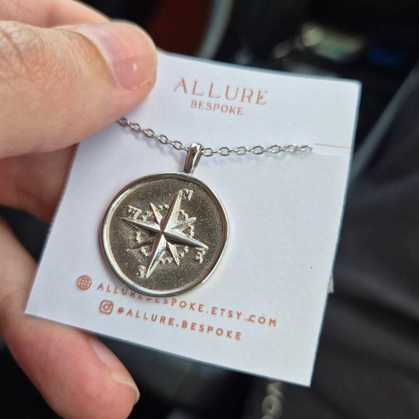 Nautical Compass Pendant Necklace: Minimalist Jewelry, Custom Engraving ...